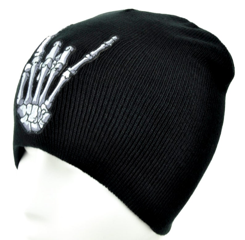 Skeleton Hand Horns up Black & White Beanie Knit Cap Hat Punk - Etsy