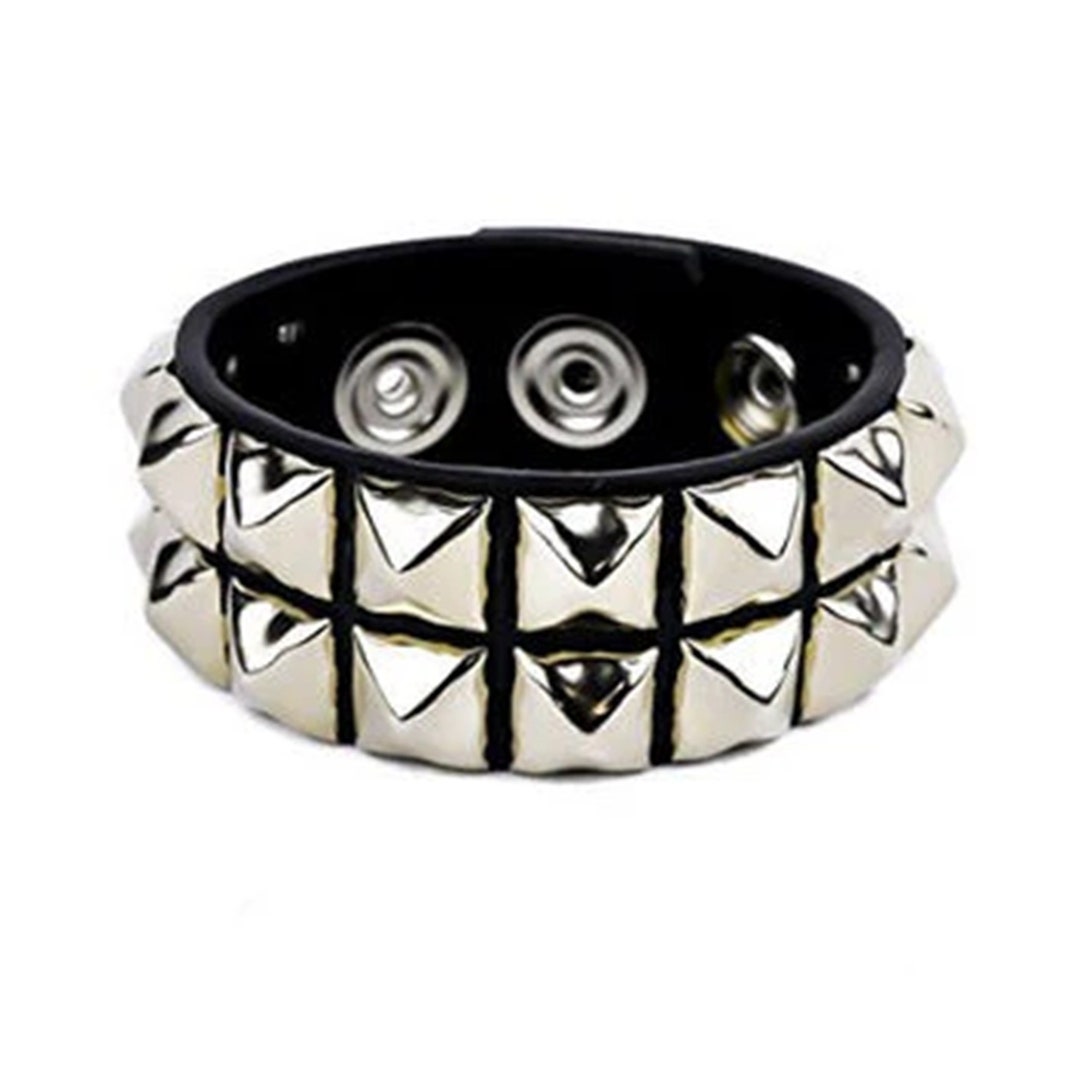 Black Leather 2 Row Silver Pyramid Stud Wristband Bracelet Goth Punk ...