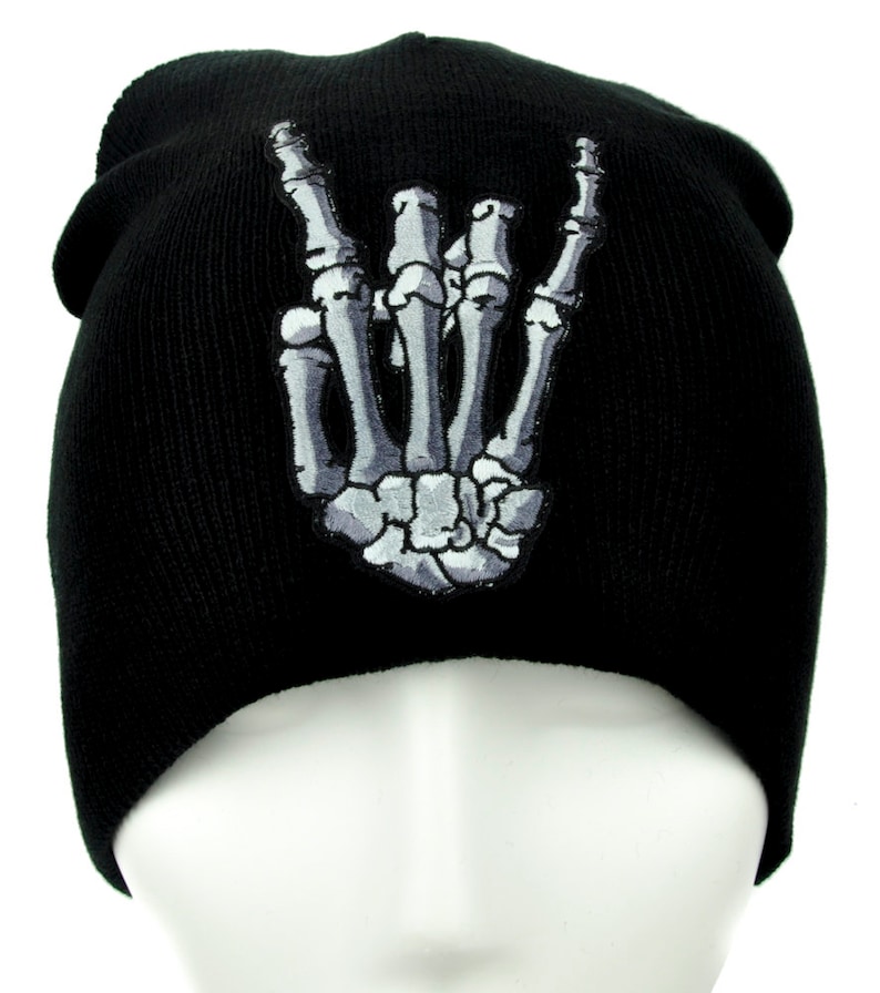 Skeleton Hand Horns up Black & White Beanie Knit Cap Hat Punk - Etsy