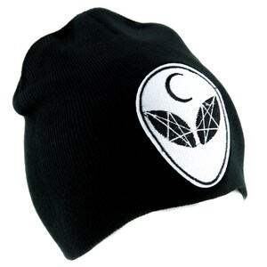 White & Black Alien W Moon Beanie Knit Cap Hat Witchy - Etsy