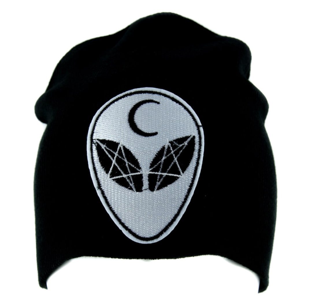 White & Black Alien W Moon Beanie Knit Cap Hat Witchy - Etsy