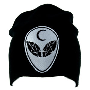 White & Black Alien W Moon Beanie Knit Cap Hat Witchy - Etsy