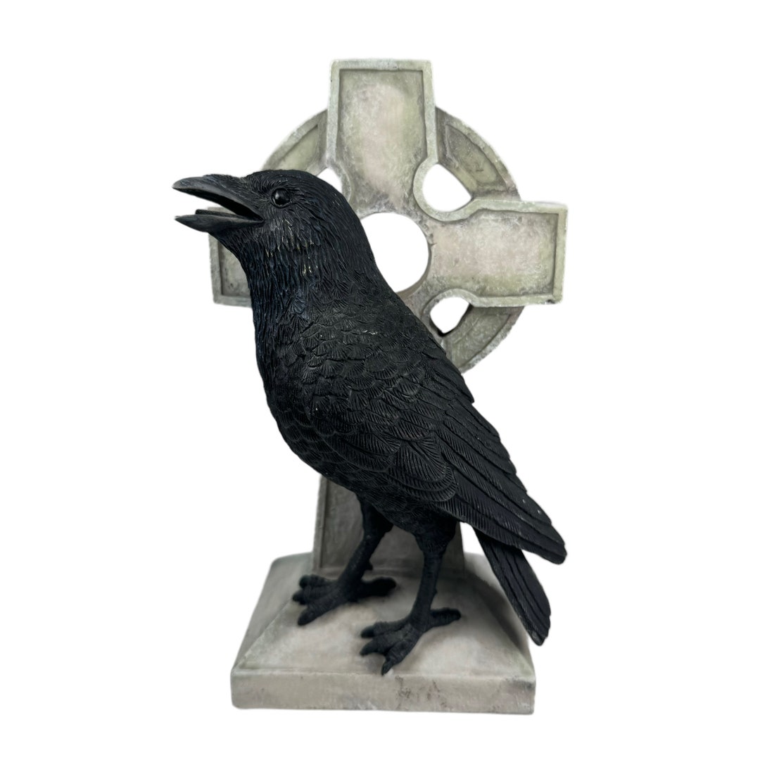Black Raven Crow W/ Celtic Cross Statue Figure Gothic Witchy Occult ...