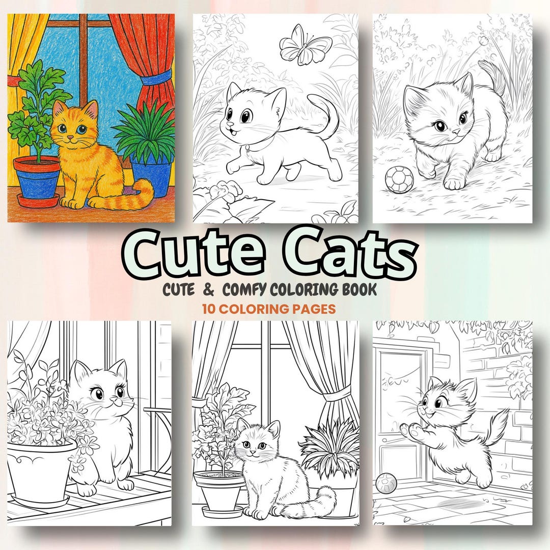 10 Adorable Cat Coloring Pages, Fantasy , Coloring Book for Adults and ...