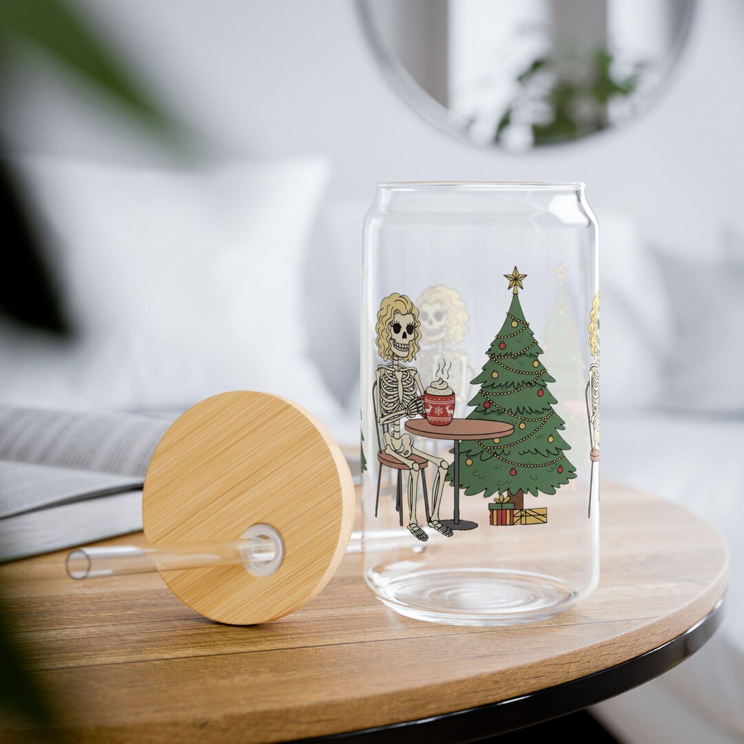 A Fun Sipper Glass 16 Oz With a Skeleton Drinking Coffee by the Tree ...