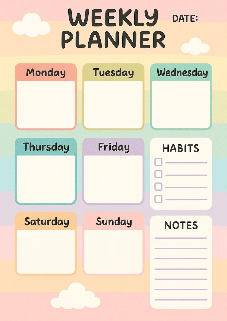 Rainbow | Printable | Weekly Planner - Colorful Pastel Theme - Etsy