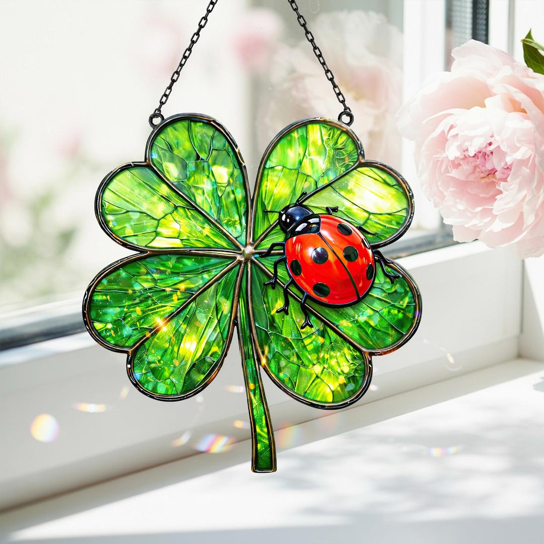 Four Leaf Clover Suncatcher With Ladybug, Lucky Window Hanging, Irish ...