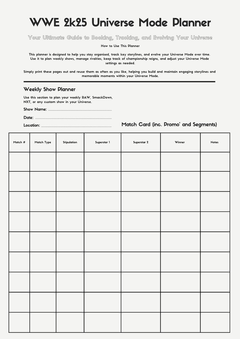 WWE 2K25 Universe Mode Guide + Printable Planner | Booking, Rivalries & Tracking - Etsy