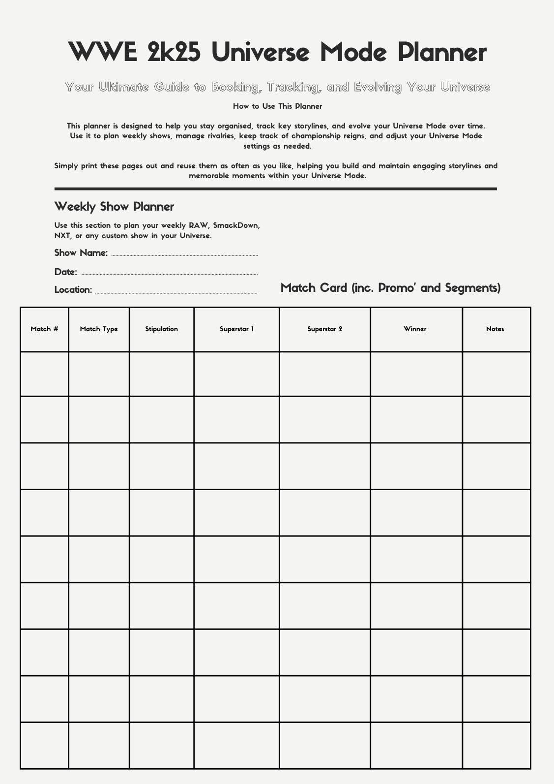 WWE 2K25 Universe Mode Guide + Printable Planner | Booking, Rivalries ...