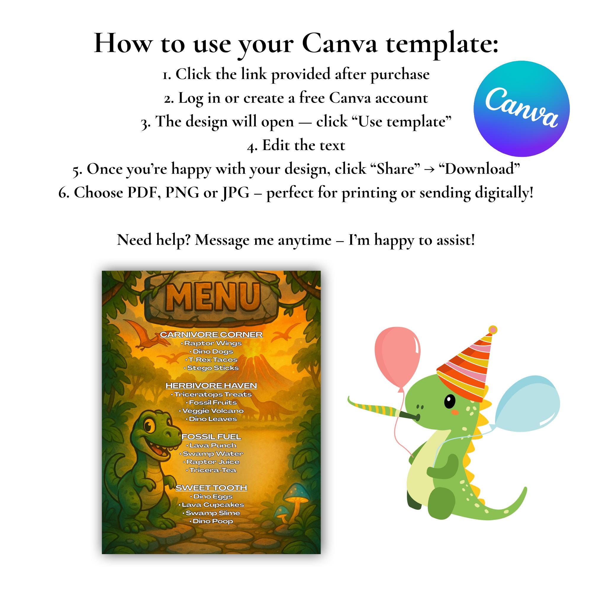 Editable Dinosaur Menu Template | Dino Party Food Sign | Printable ...