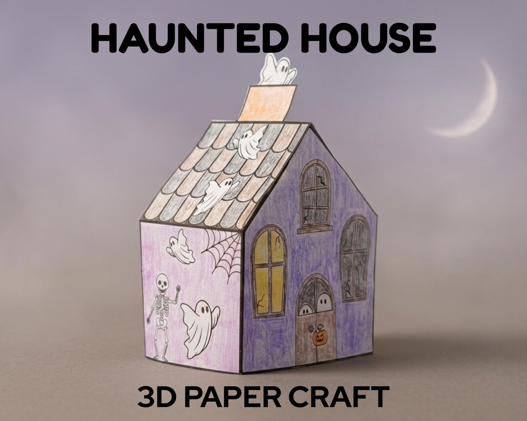 Haunted House Paper Craft Printable for Kids, 3D Halloween Coloring ...