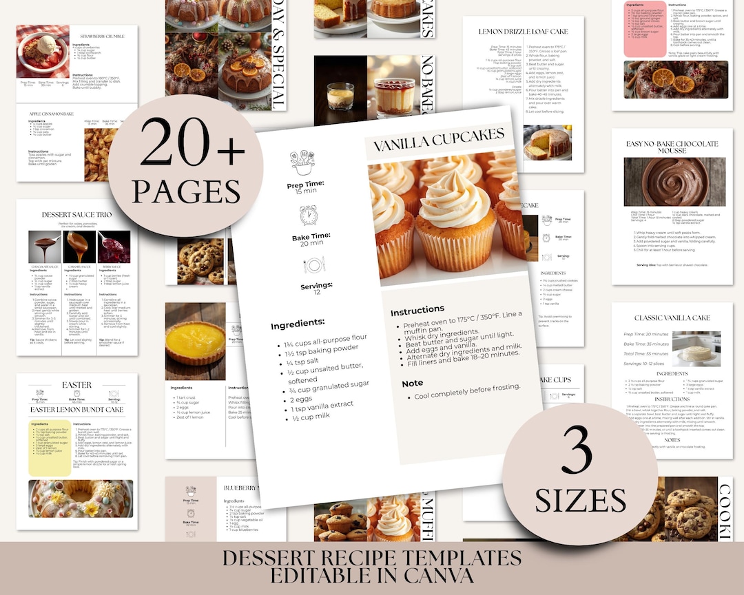 Editable Recipe Templates, Dessert Recipe Binder, Digital Recipe Book ...