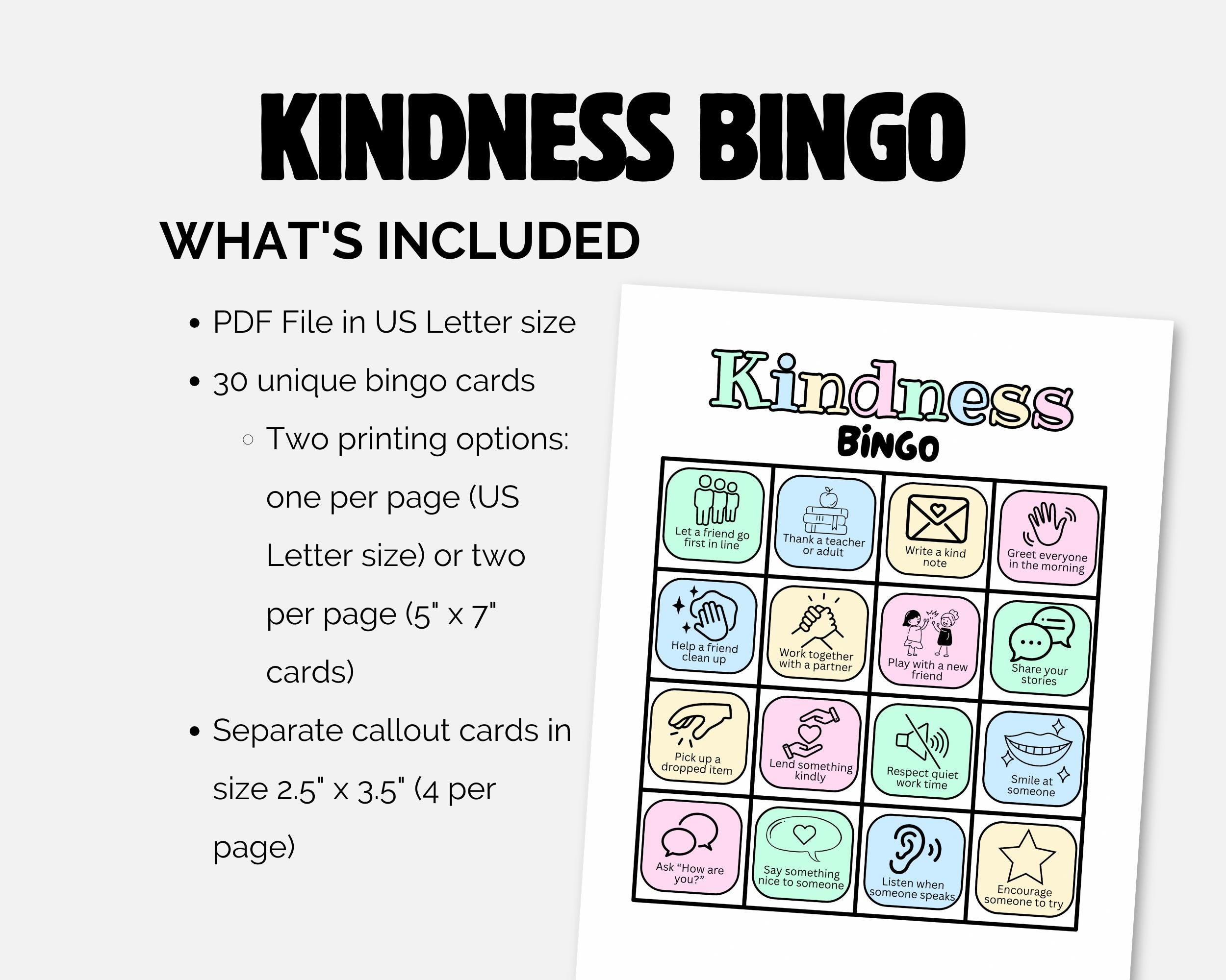 Kindness Bingo for Kids SEL Printable Game Social Emotional Learning ...
