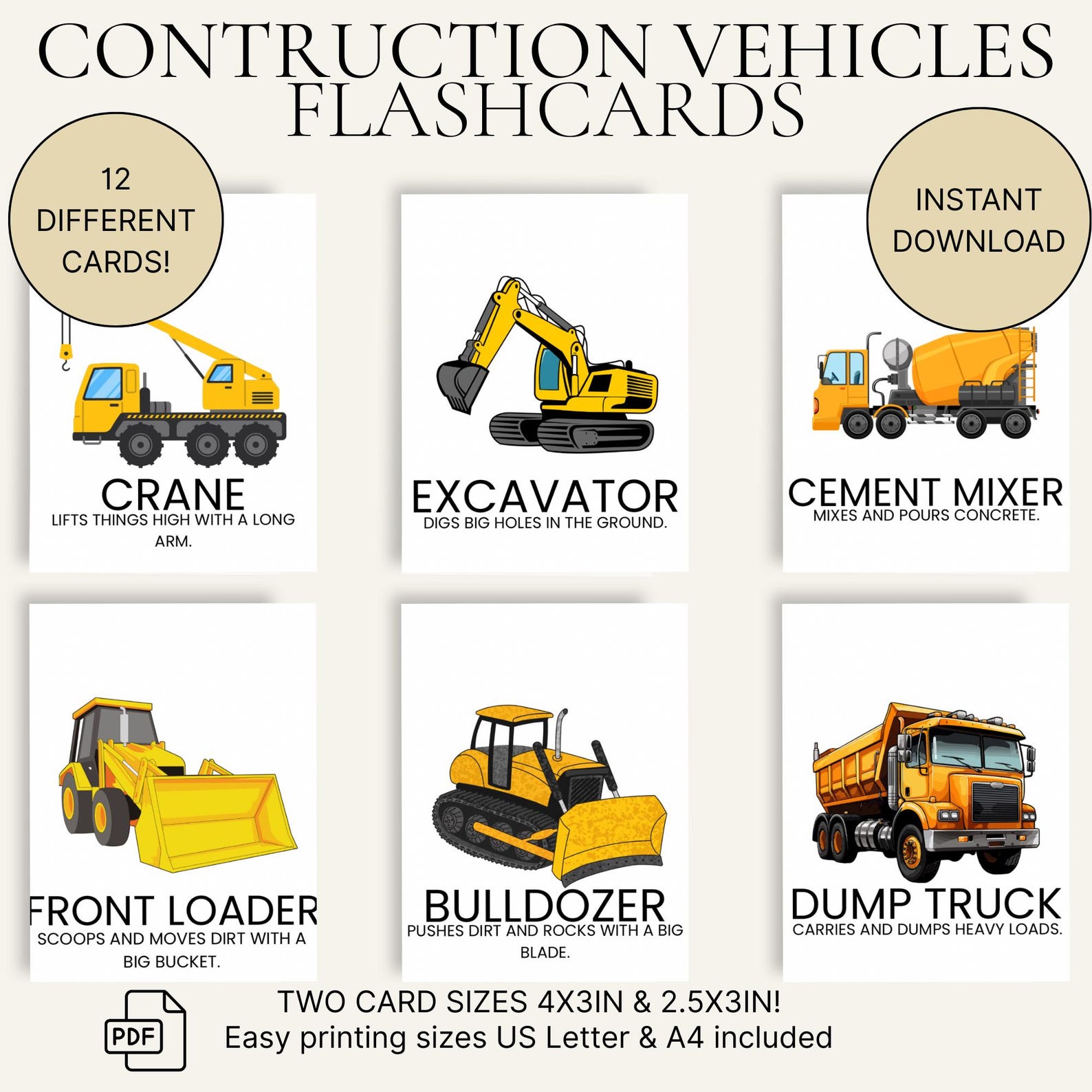 Flashcards for Kids Construction Vehicles Printable Preschool Learning ...