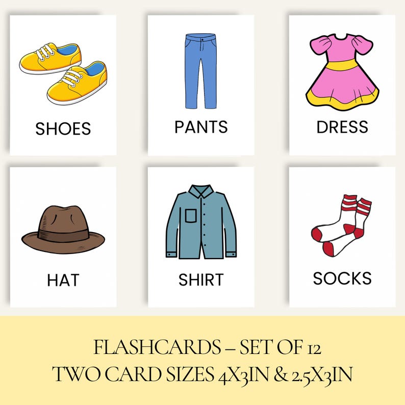 Clothes Flashcards for Kids – Printable Clothing Vocabulary Cards – 12 ...