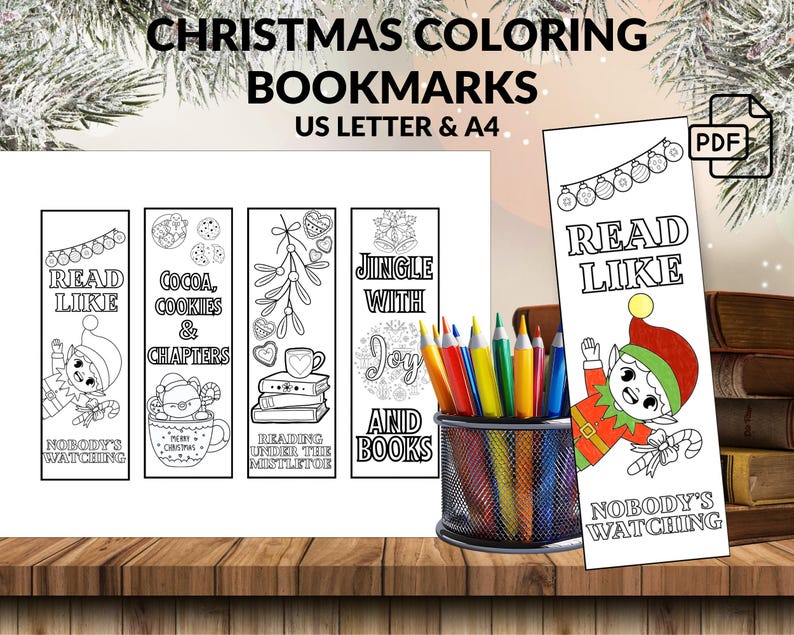 Christmas Bookmarks Printable Coloring Bookmarks Holiday Bookmarks DIY ...