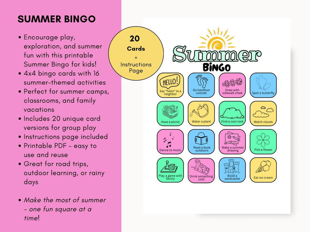 Kids Activity, Summer Bingo Cards Printable, Fun Outdoor Summer ...