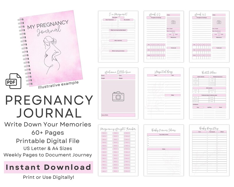 Pregnancy Journal Printable – Digital Pregnancy Planner PDF – Baby Bump ...