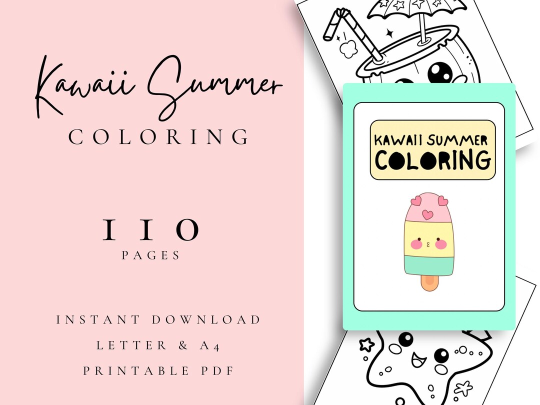 Cute Summer Coloring Book– 110 Fun Kawaii Printable Sheets for Kids ...