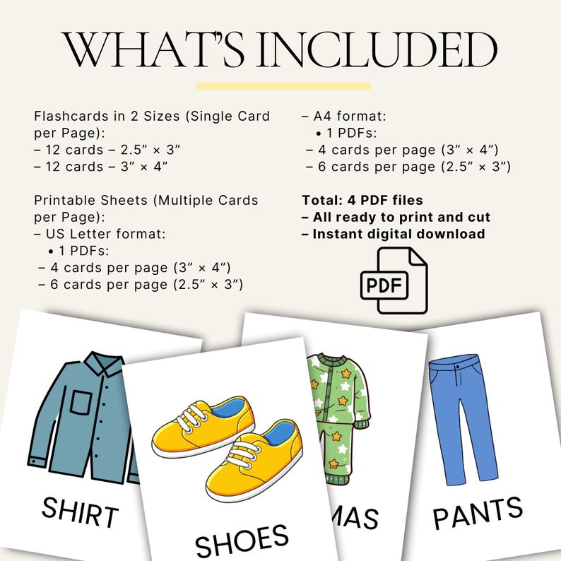 Clothes Flashcards for Kids – Printable Clothing Vocabulary Cards – 12 ...