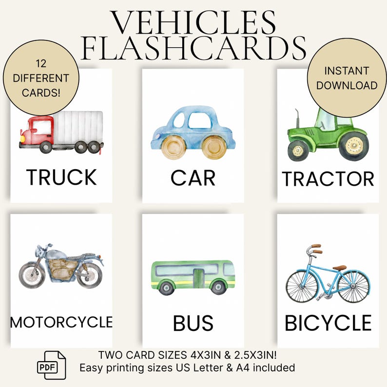 Vehicles Flashcards for Kids – Printable Preschool Learning – 2 Sizes ...