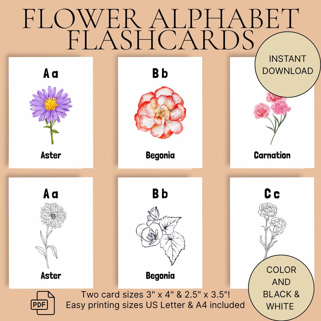 Flower Alphabet Flashcards Printable for Kids A to Z Letter Cards in ...