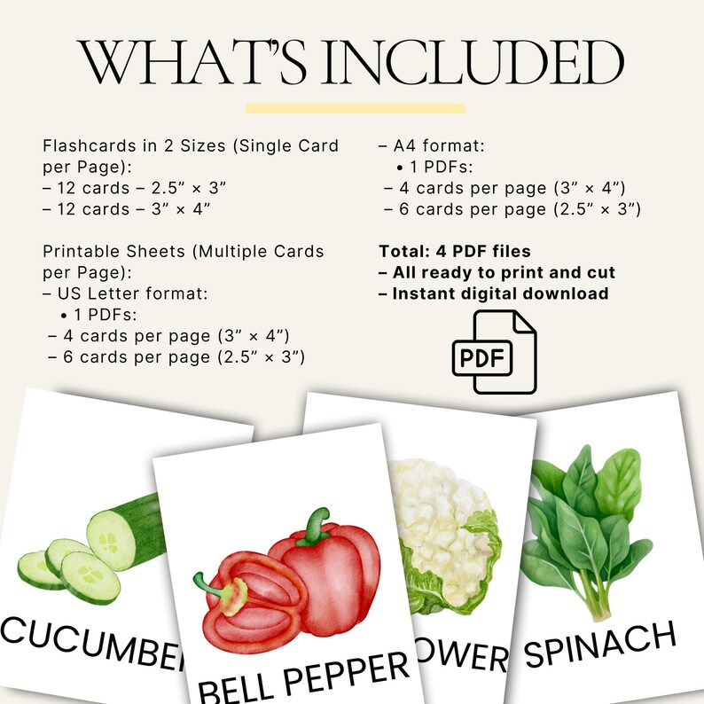 Vegetables Flashcards for Kids – Watercolor Food Vocabulary Cards ...