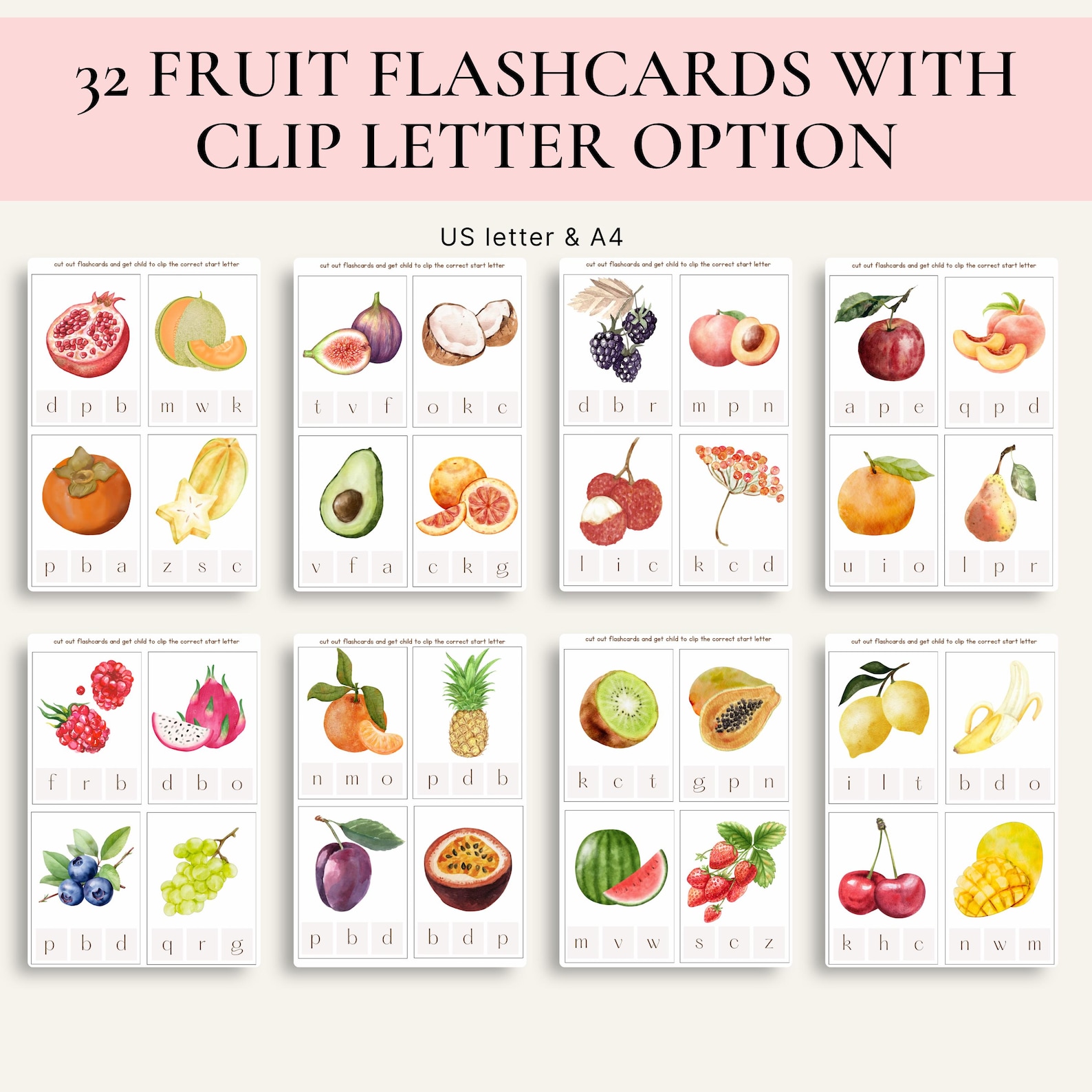Fruit Flashcards, Watercolor Exotic Fruit Cards, Montessori Learning ...