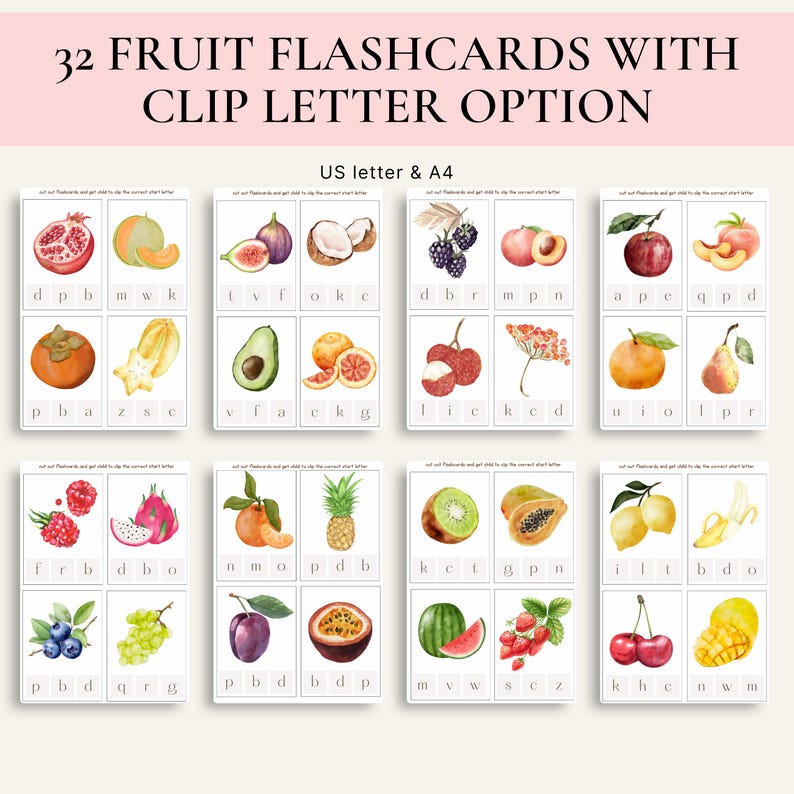 Fruit Flashcards, Watercolor Exotic Fruit Cards, Montessori Learning ...