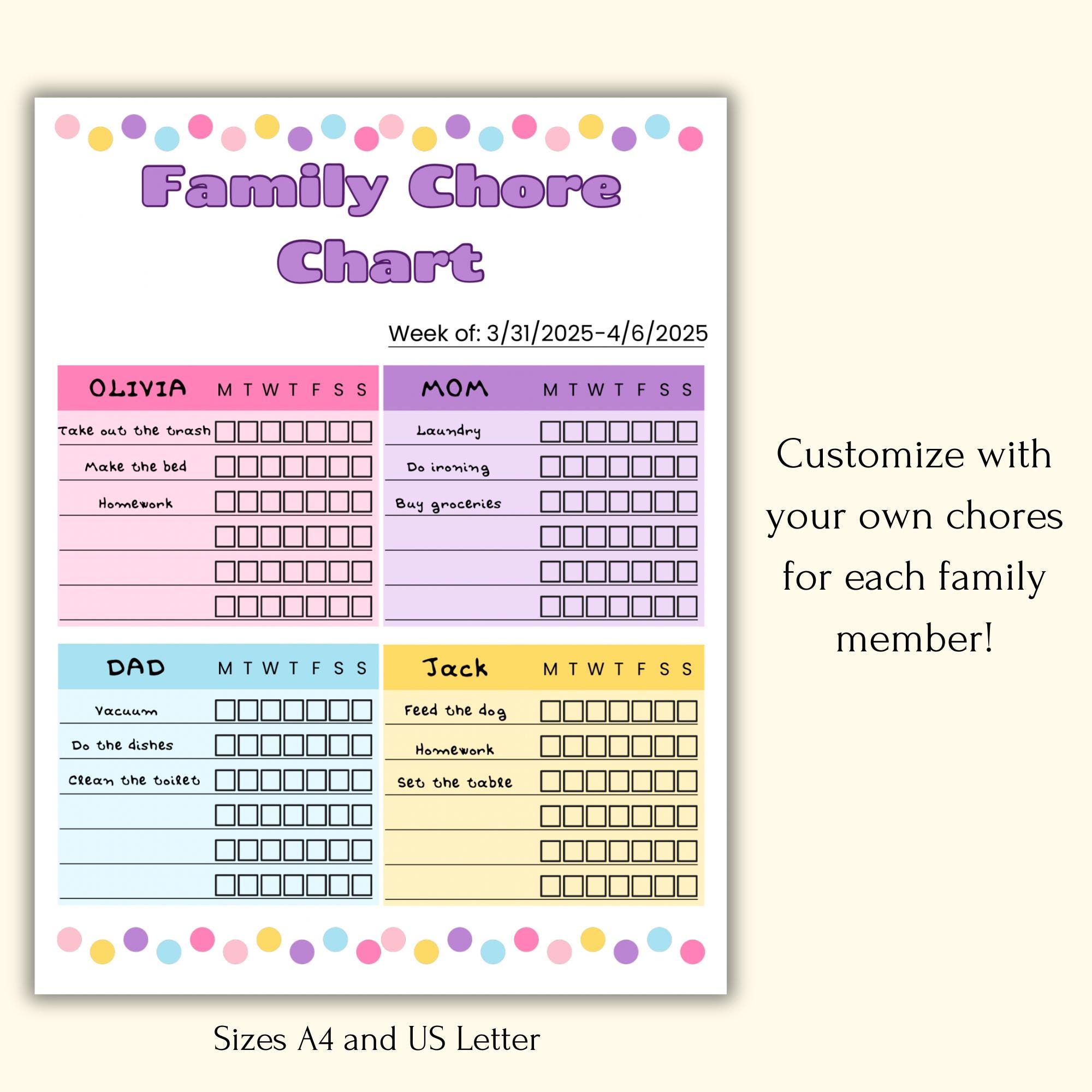 Kids Chore Chart Printable Weekly Chore Tracker for Family PDF Template ...