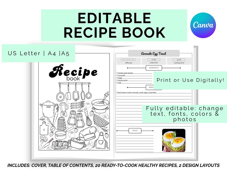 Editable Recipe Book Template, Family Cookbook Printable, Digital ...