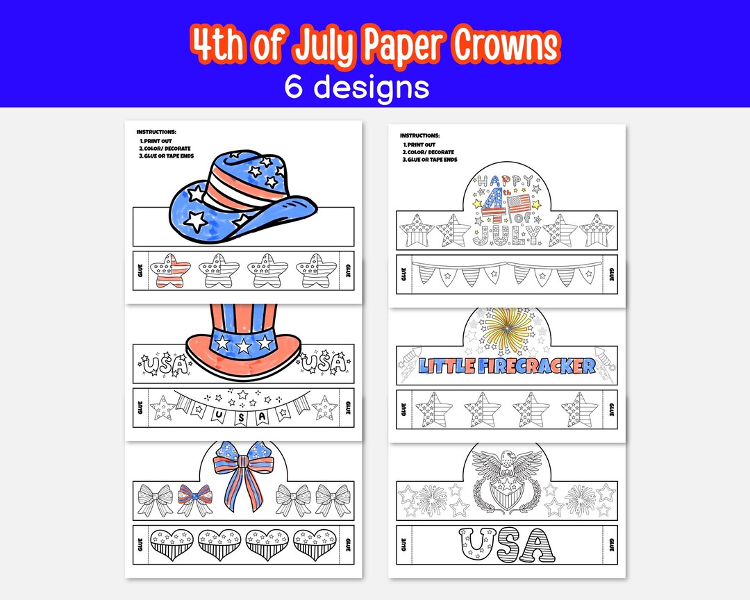 4th of July Paper Crown Bundle Coloring Craft for Independence Day ...