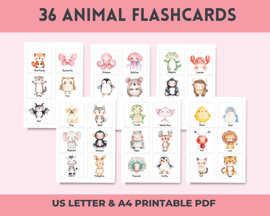Watercolor Animal Flashcards: Montessori Learning Cards for Toddlers (A4 & Letter Printable PDF ...