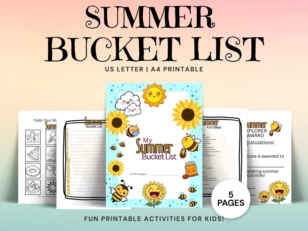 Summer Bucket List for Kids Printable Activity Pack Coloring Pages and ...