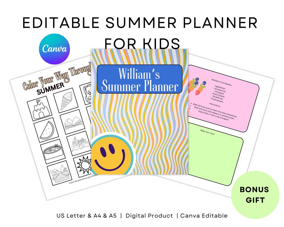 Summer Activity for Kids, Printable Editable Planner, Summer Kids ...