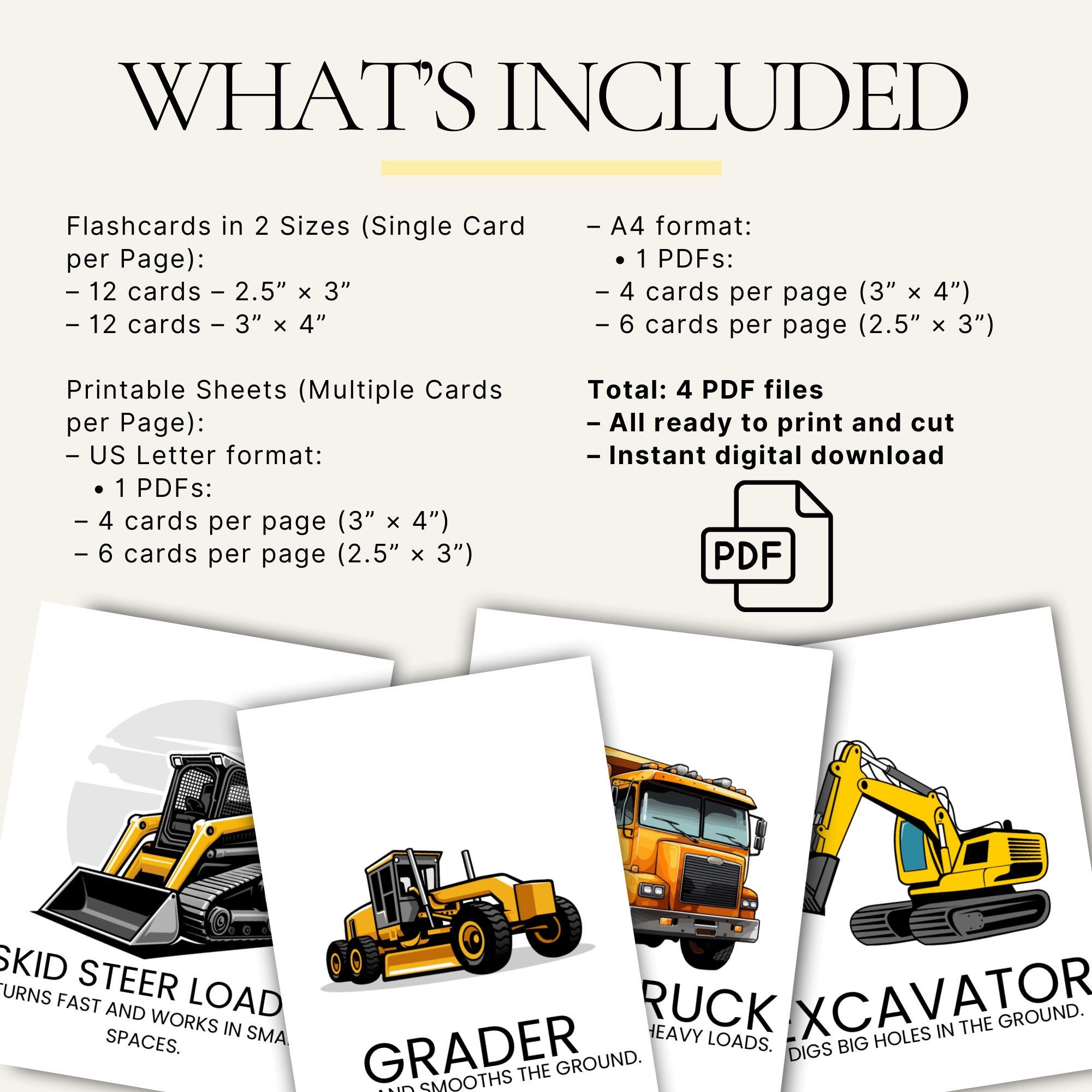 Flashcards for Kids Construction Vehicles Printable Preschool Learning ...