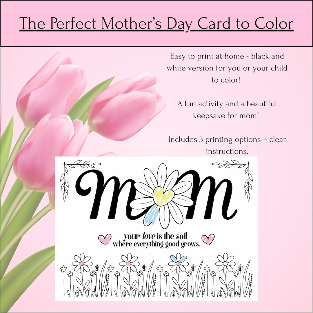 Mother’s Day Coloring Card Printable | 5x7 DIY Card for Kids | Black ...