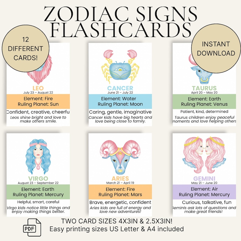 Zodiac Flashcards for Kids Pastel Astrology Signs Printable PDF in 2 ...