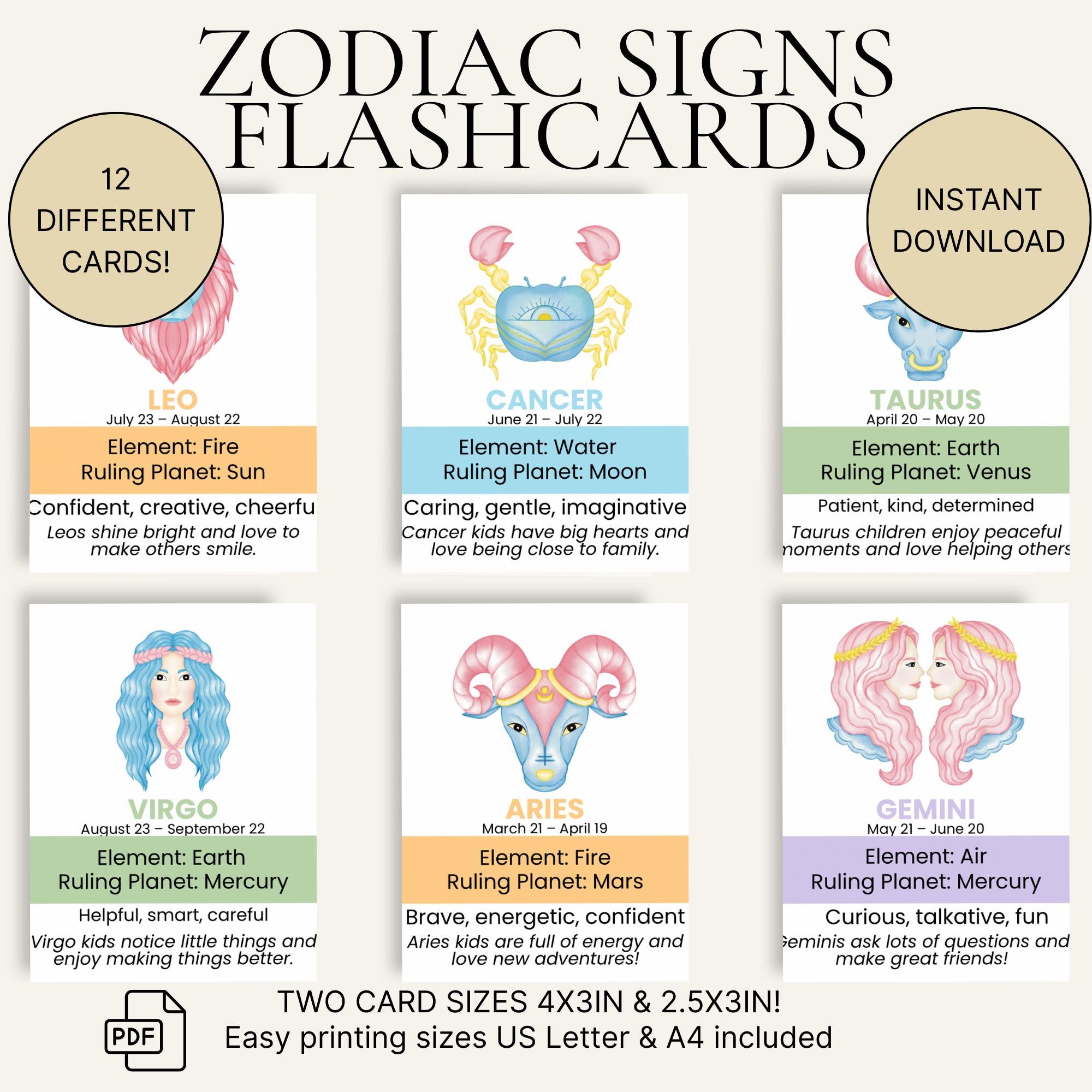 Zodiac Flashcards for Kids – Pastel Astrology Signs – Printable PDF in ...