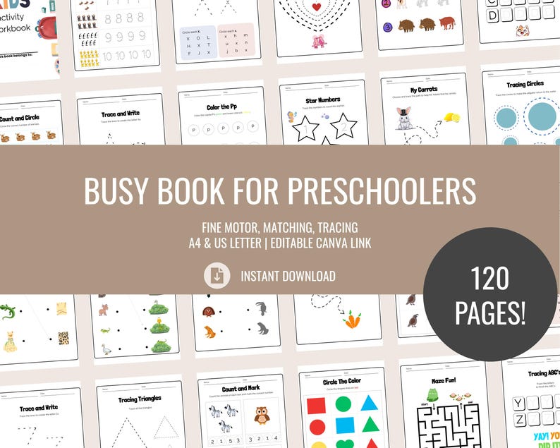 Preschool Busy Book Printable Toddler Activity Workbook Quiet Book ...