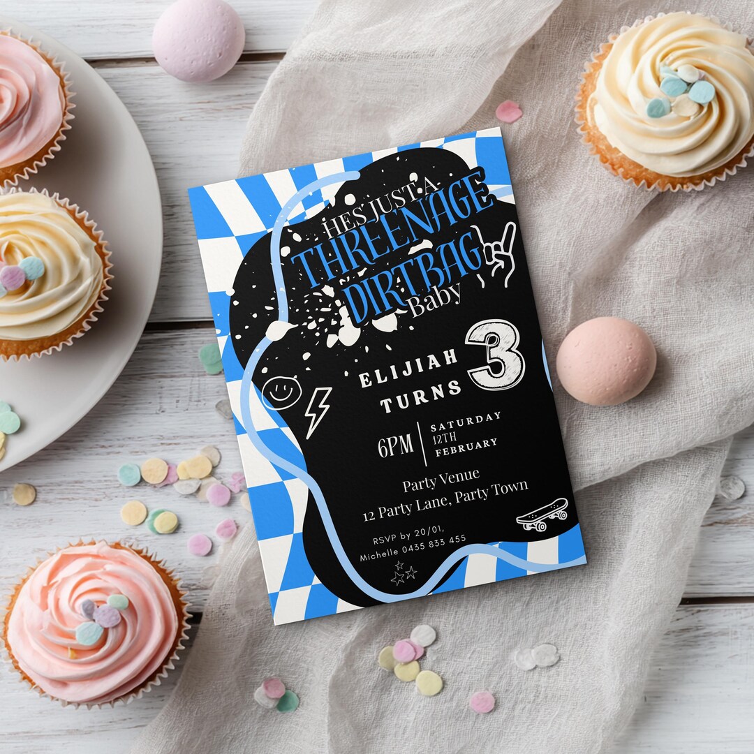 Threenage Dirtbag Baby Birthday Invitation Blue Skater Party 3rd Bday ...
