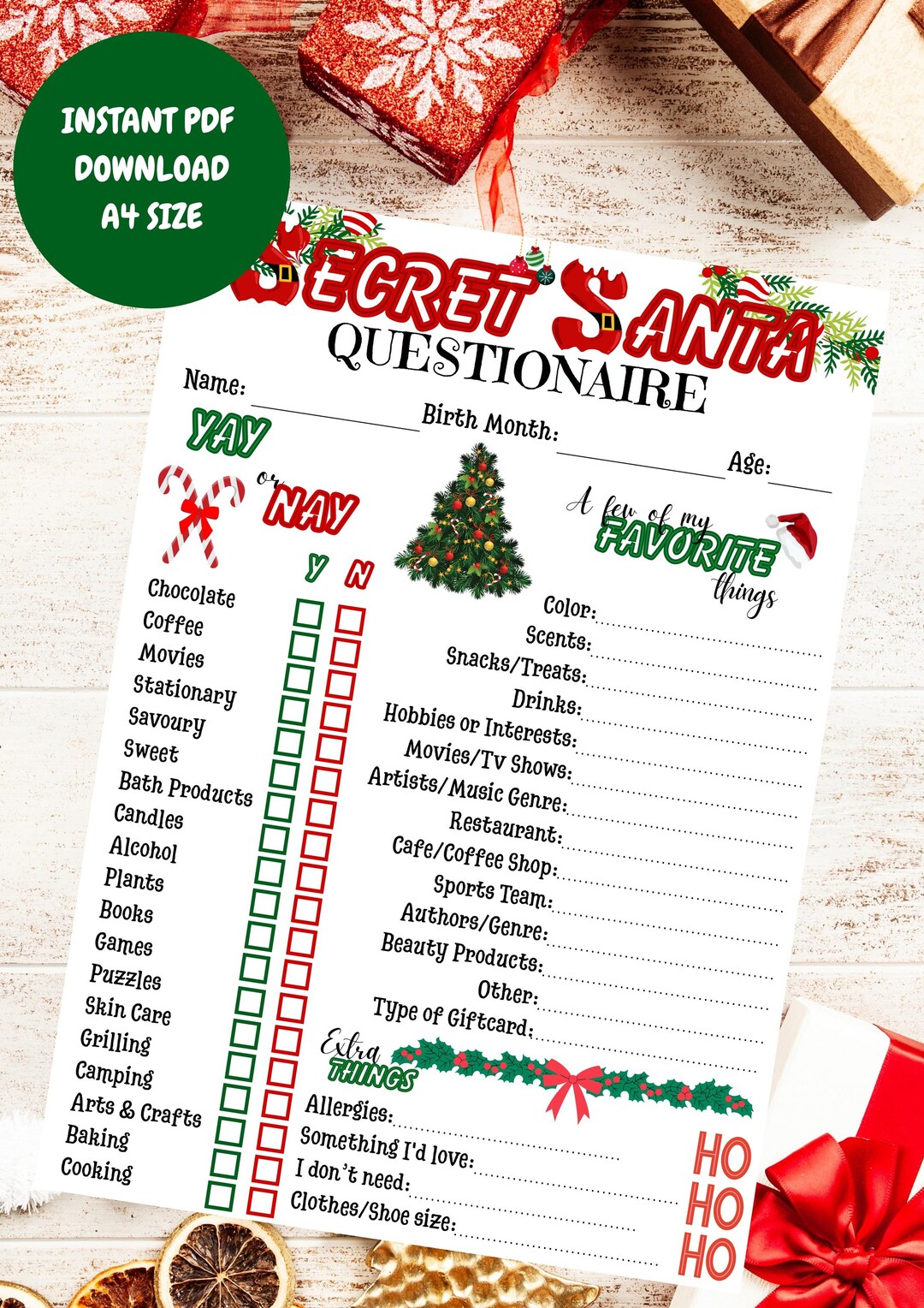 Christmas Secret Santa Questionnaire Printable, Gift Exchange Survey ...