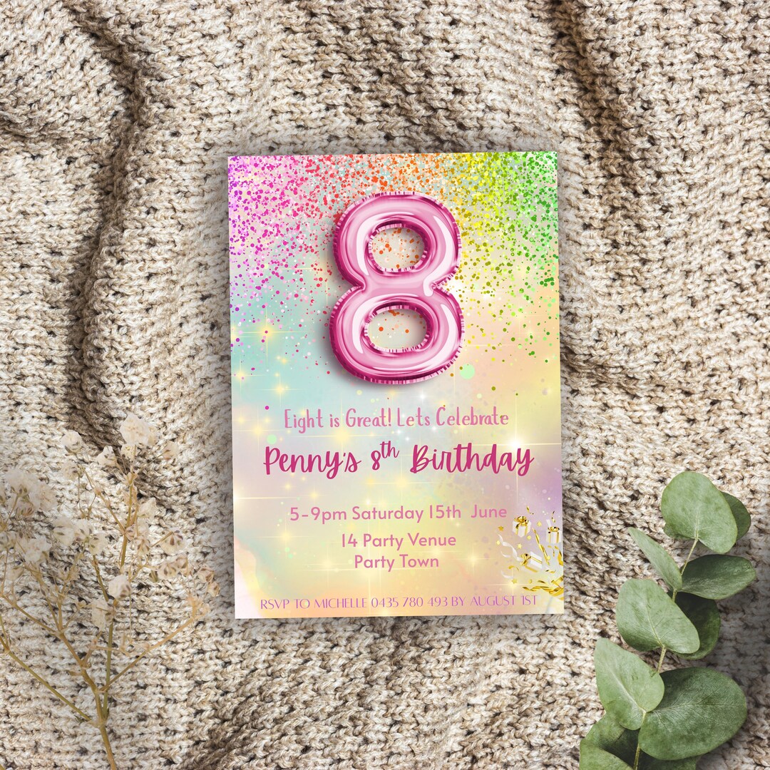 Eight is Great Pink 8th Birthday Invitation for Girl, Glitter Birthday ...