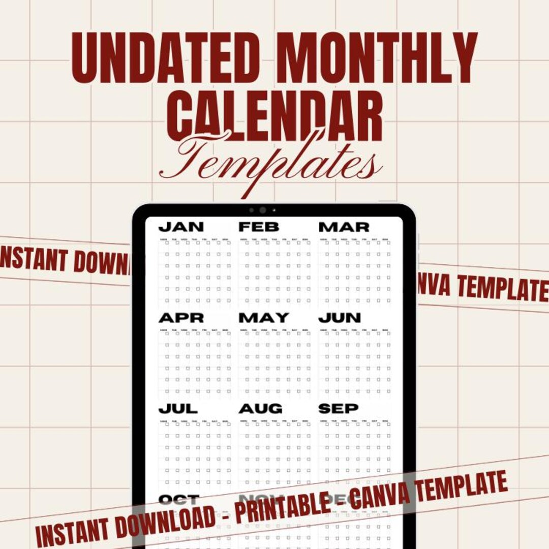 UNDATED Monthly Calendar, Fully Editable (CANVA) Yearly Calendar 2025 ...