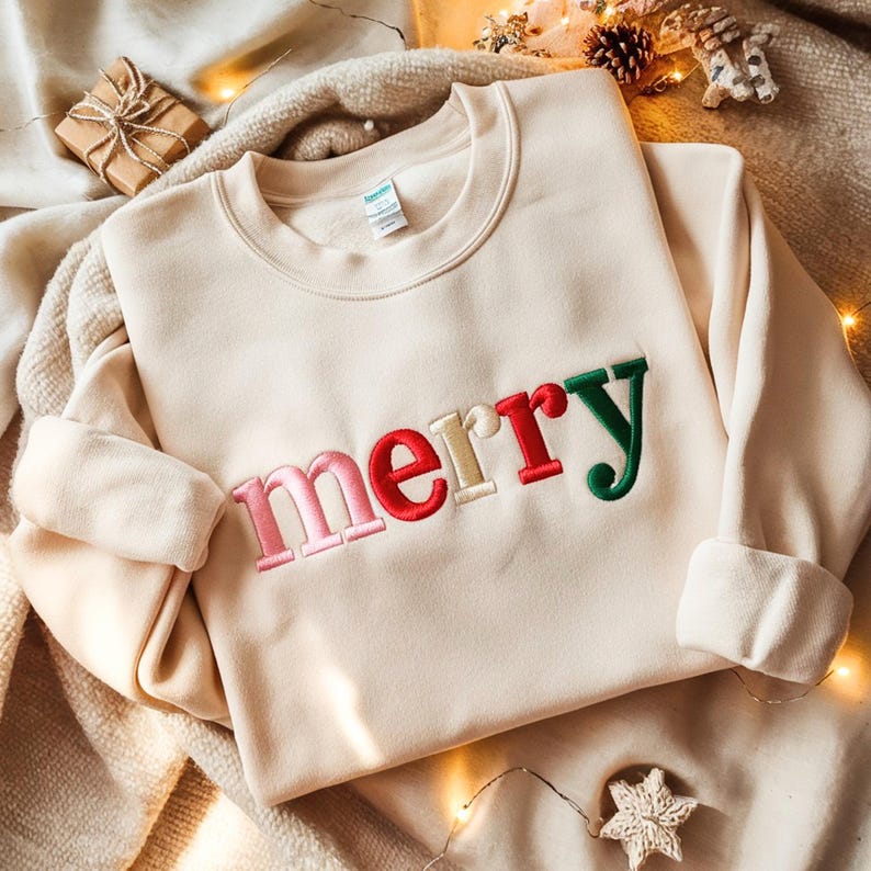 Merry Embroidered Sweatshirt, Christmas Embroidery Shirt, Festive ...