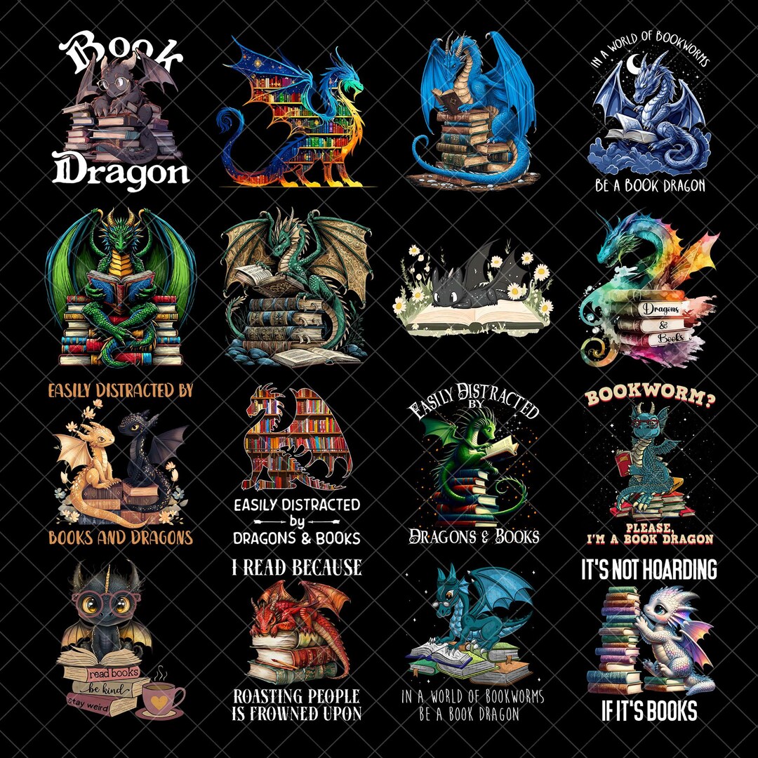 Book Dragon PNG Bundle, Easily Distracted by Dragons and Books Png ...