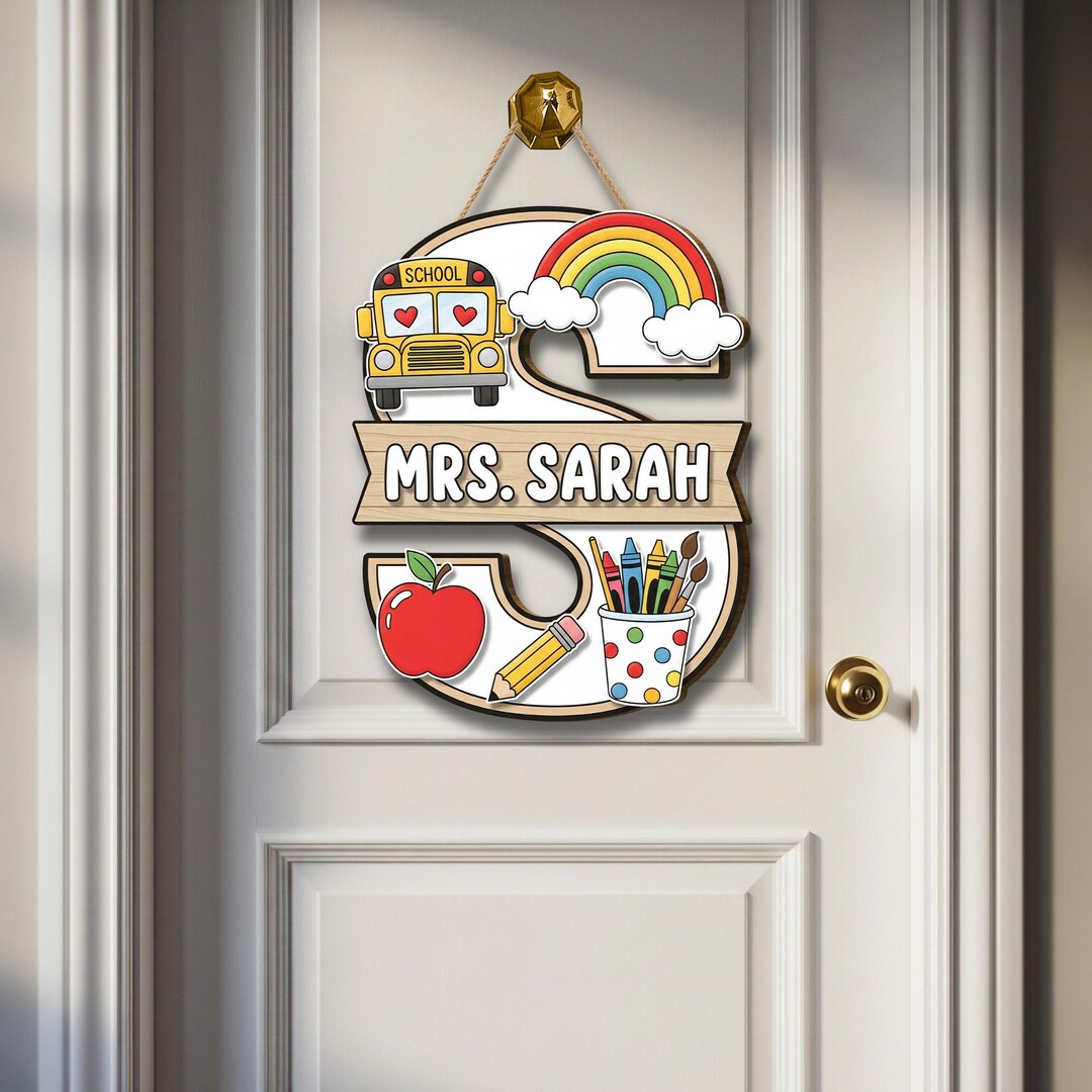 Custom Teacher Door Sign, Teacher Classroom Decor, School Bus Rainbow ...