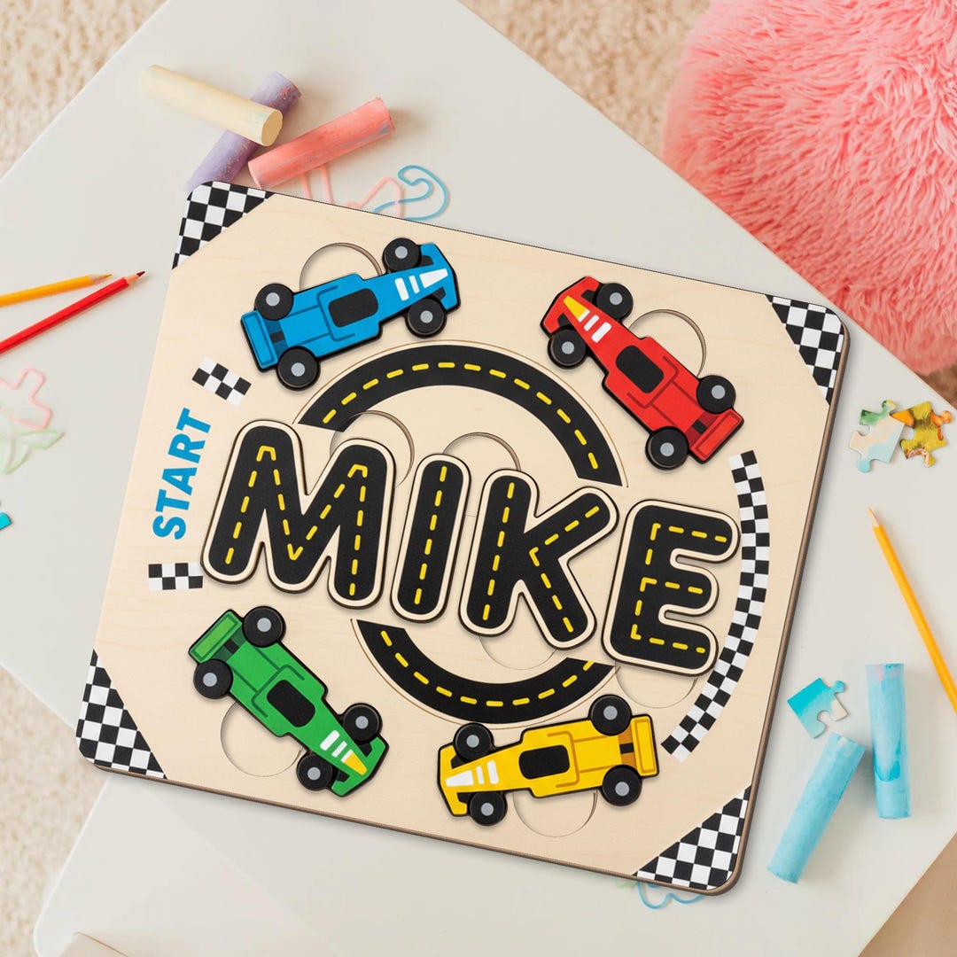 Personalized Race Car Name Puzzle - Wooden Custom Racetrack Toy for ...
