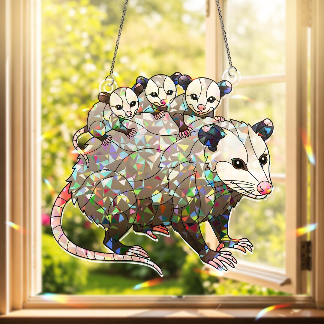 Opossum Family Hologram Acrylic Window Hanging - Mama & Baby Possums ...