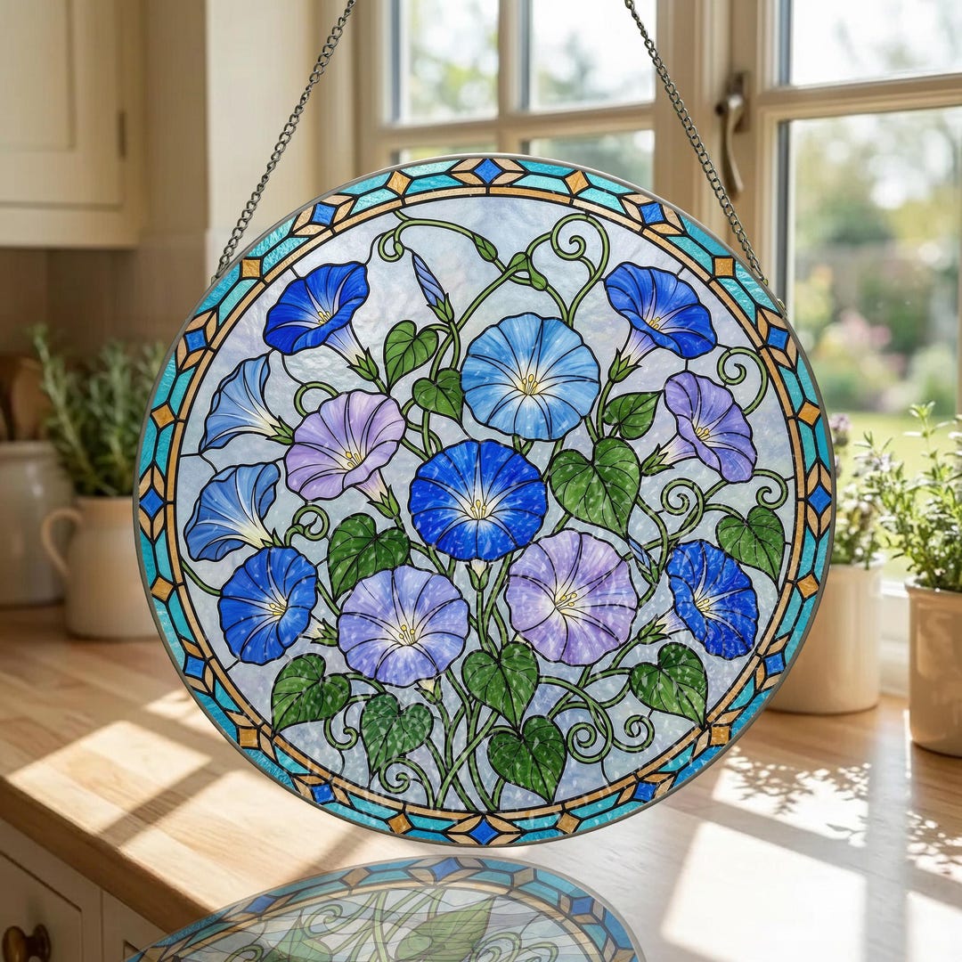 Stained Glass Morning Glory Suncatcher, Round Hanging Window Panel ...